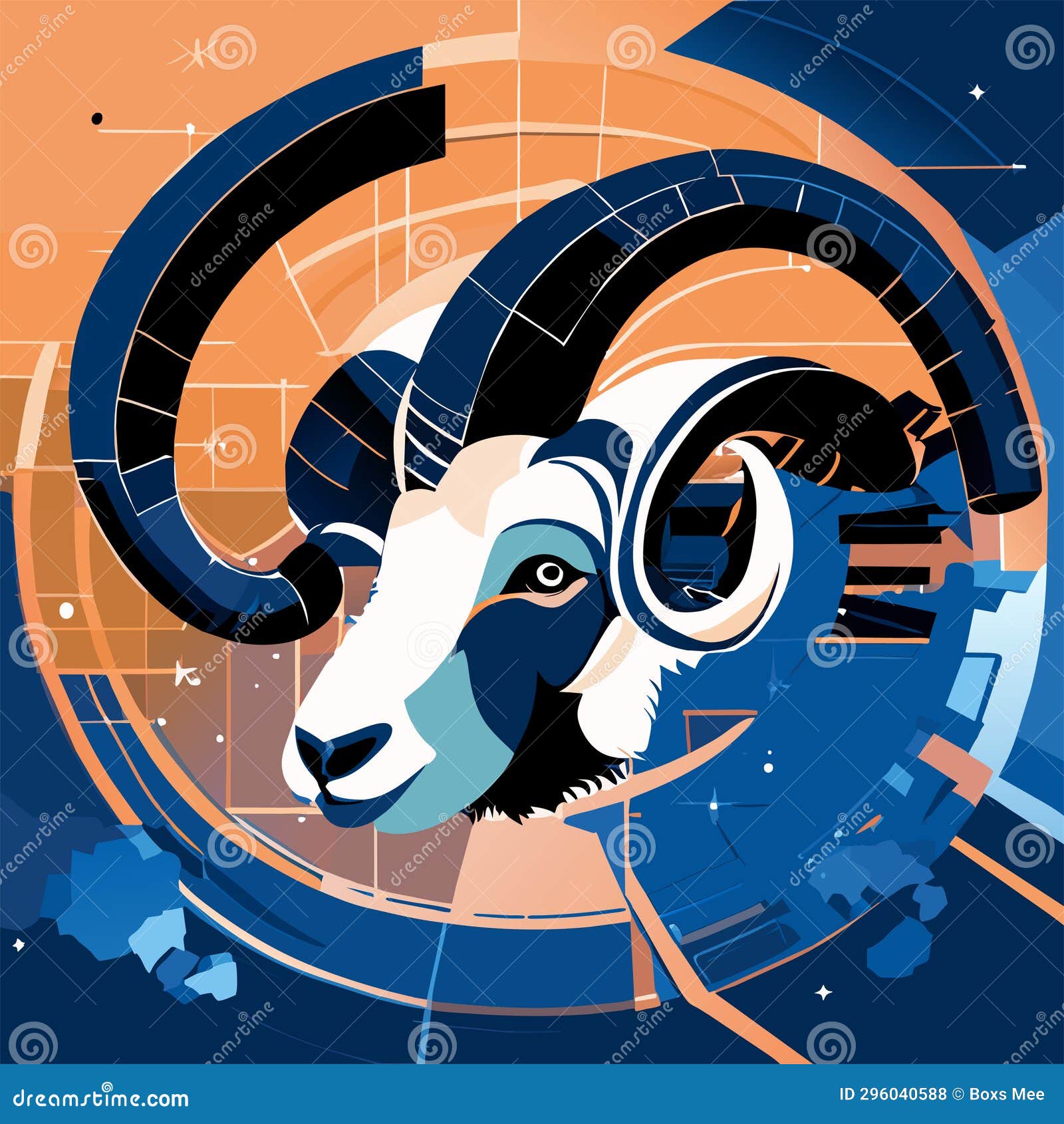 Vector Illustration of a Head of a Goat with a Helmet on an Abstract ...