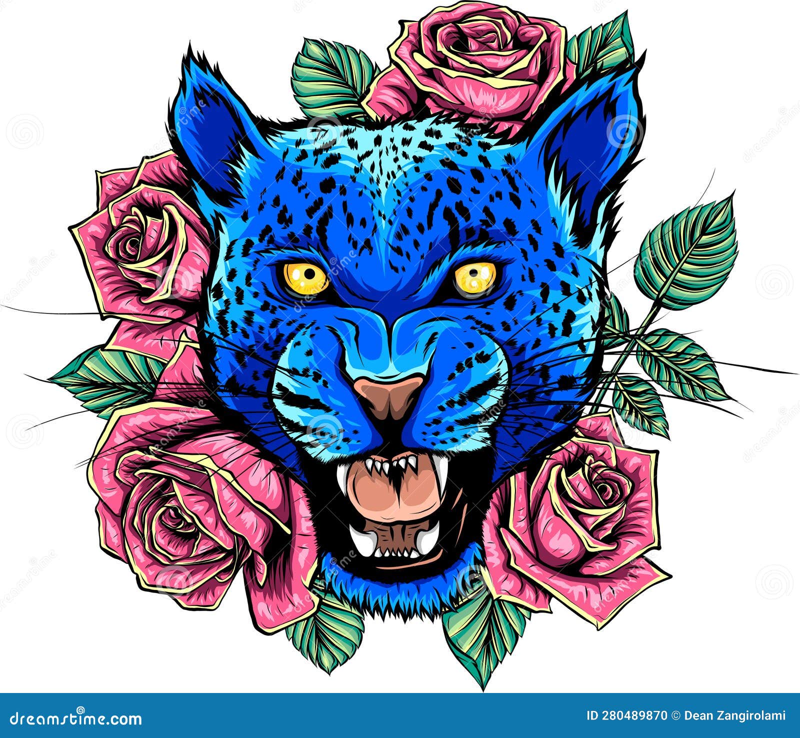 Vector Illustration of Head Leopard with Rose on White Background ...