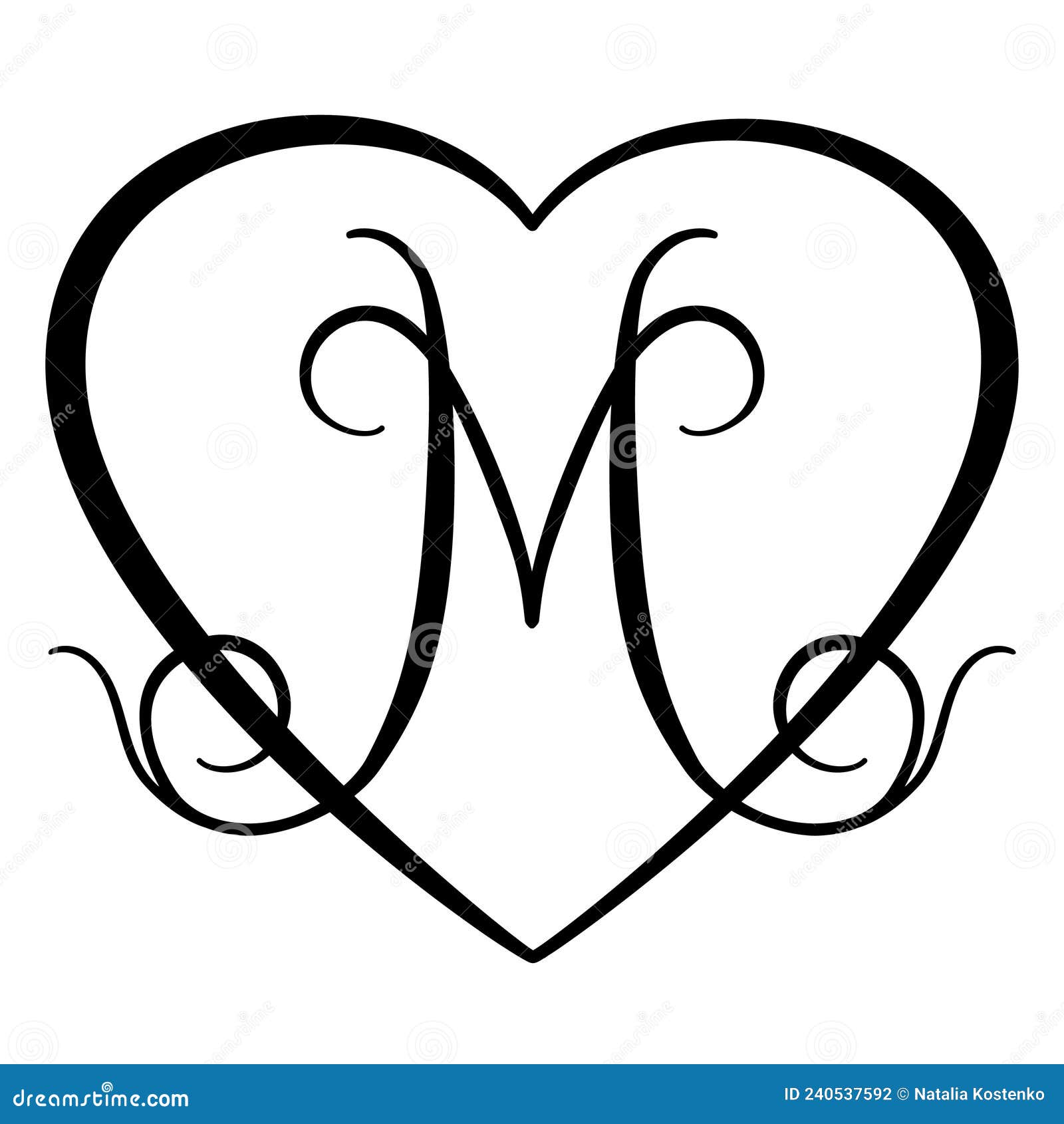 Romantic Linear Illustration of a Heart with Letter M. Stock ...