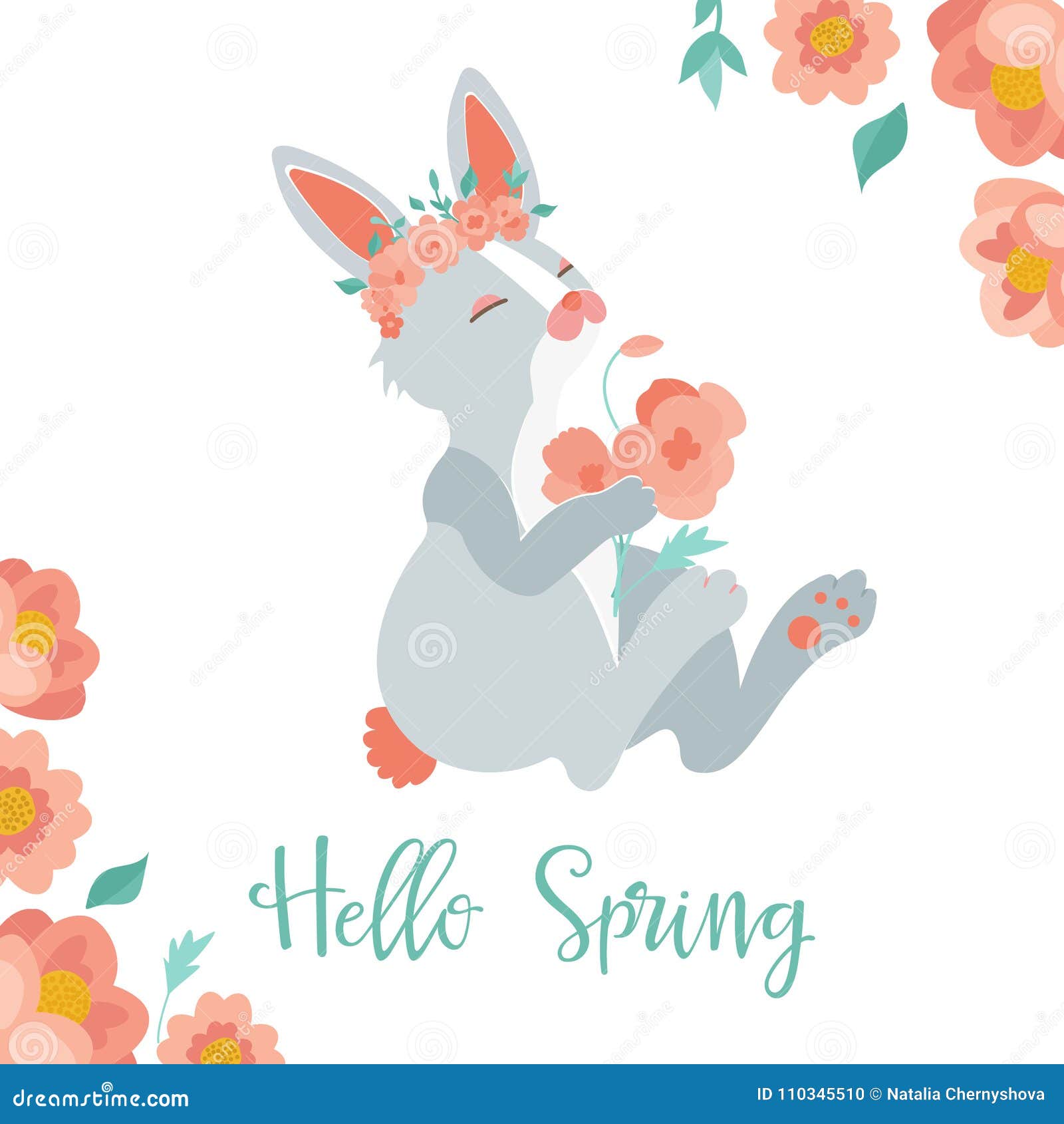 Vector Illustration. Hello Spring Card with Rabbit Stock Vector ...