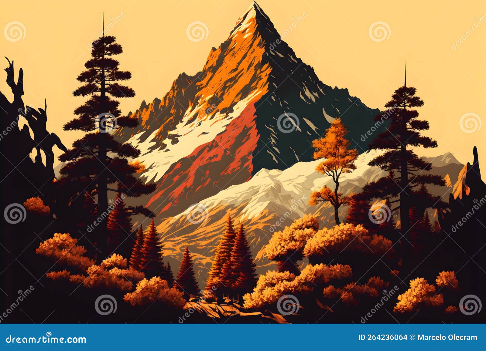 Vector Illustration of a High Mountain with Pine Trees and Greenery ...