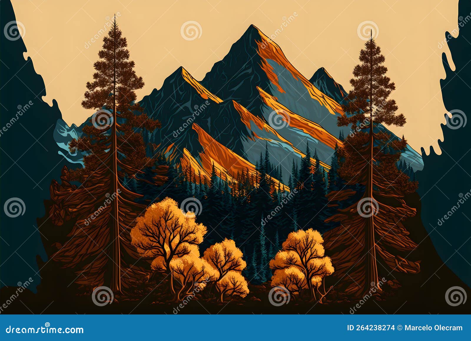 Vector Illustration of a High Mountain with Pine Trees and Greenery ...