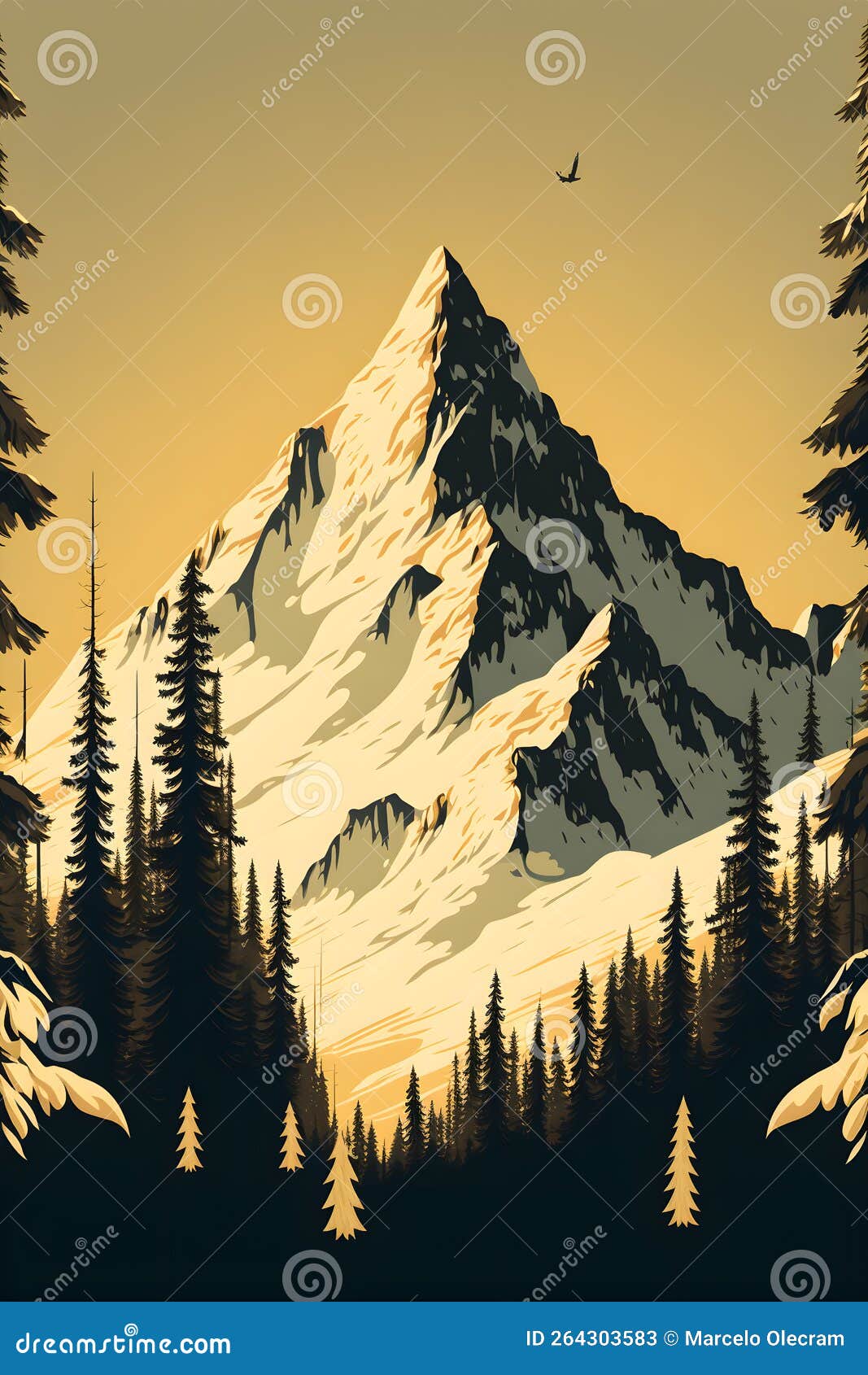 Vector Illustration of a High Mountain with Pine Trees and Greenery ...