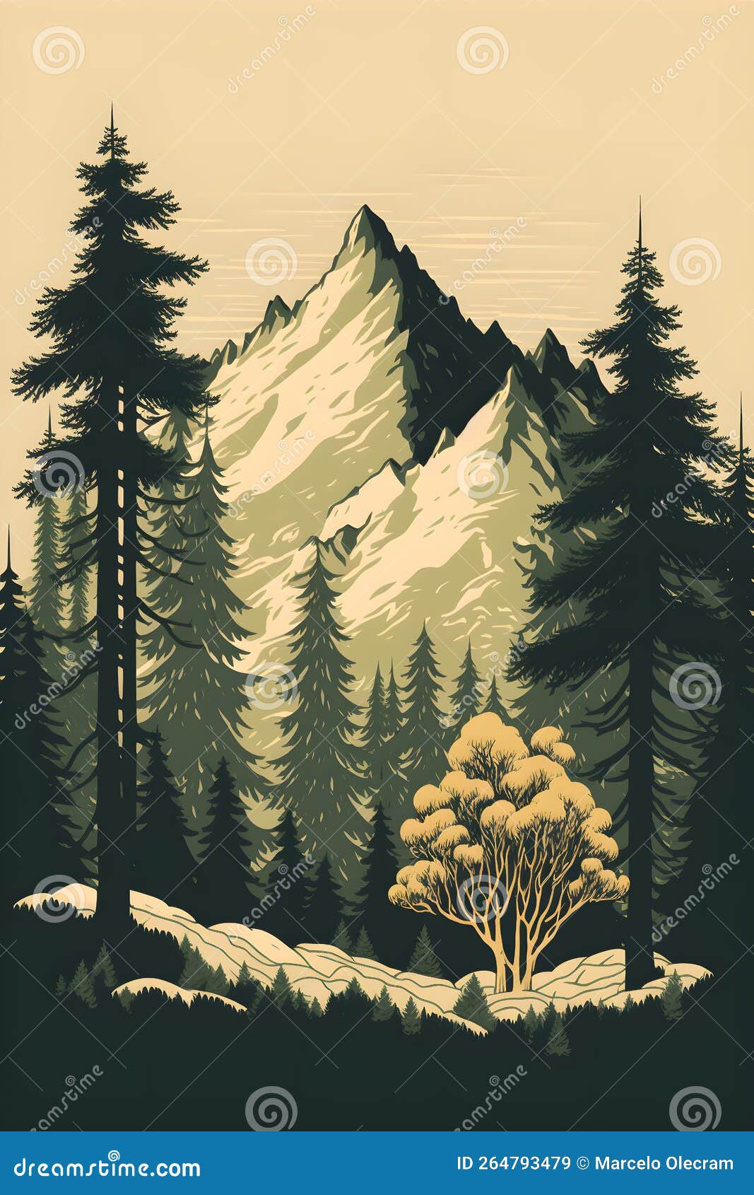 Vector Illustration of a High Mountain with Pine Trees and Greenery ...
