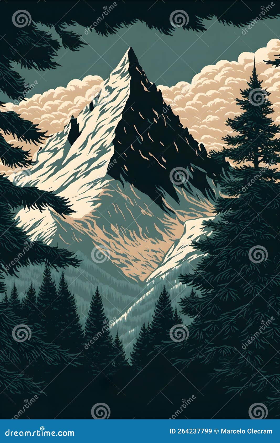 Vector Illustration of a High Mountain with Pine Trees and Greenery ...