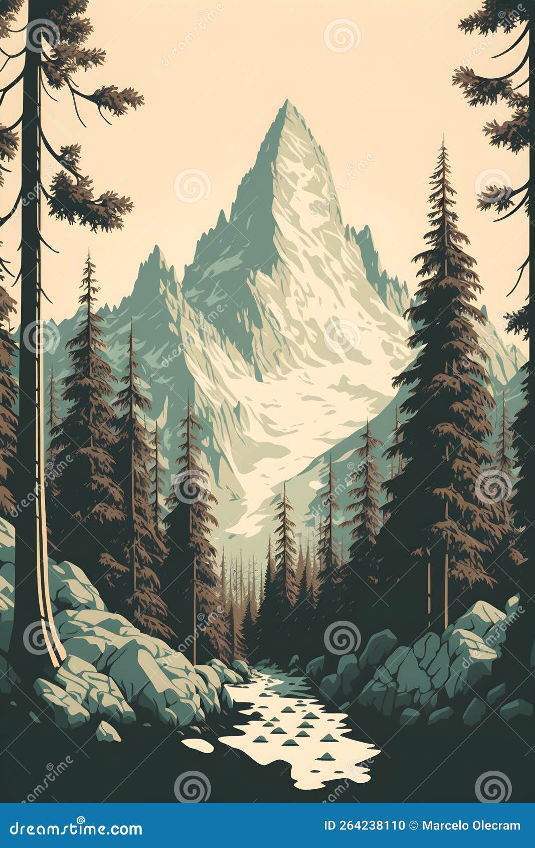 Vector Illustration of a High Mountain with Pine Trees and Greenery ...