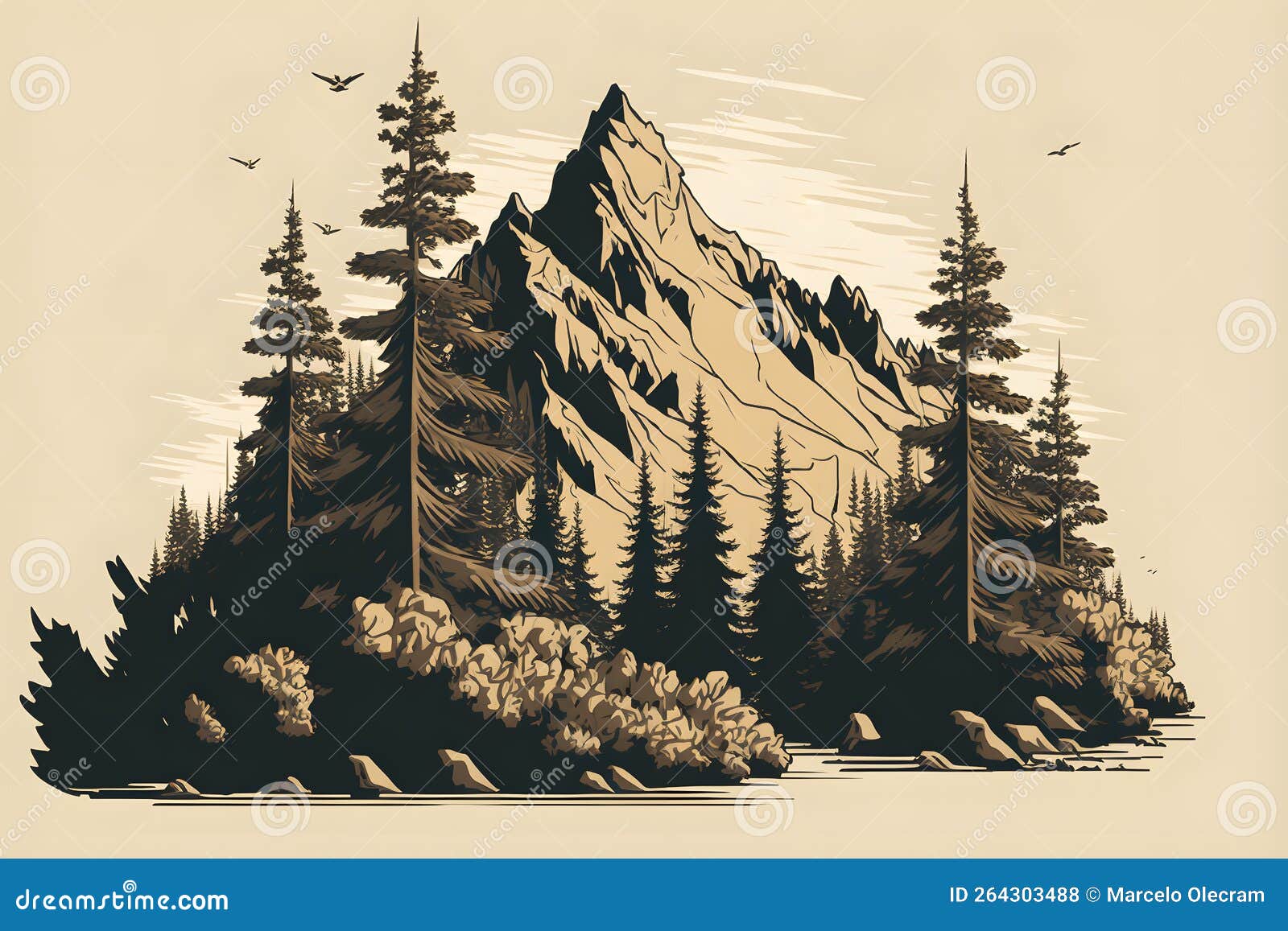 Vector Illustration of a High Mountain with Pine Trees and Greenery ...