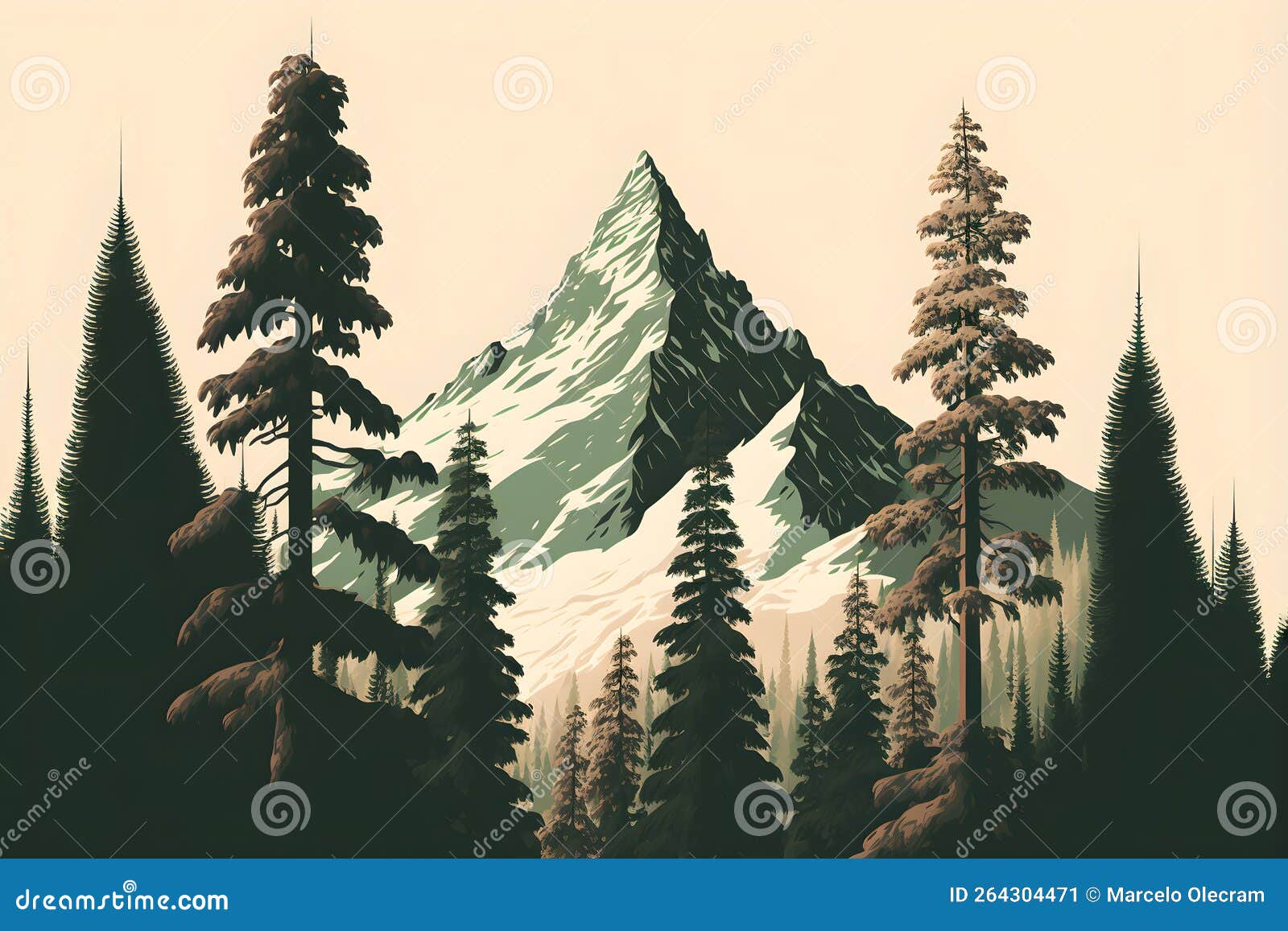 Vector Illustration of a High Mountain with Pine Trees and Greenery ...
