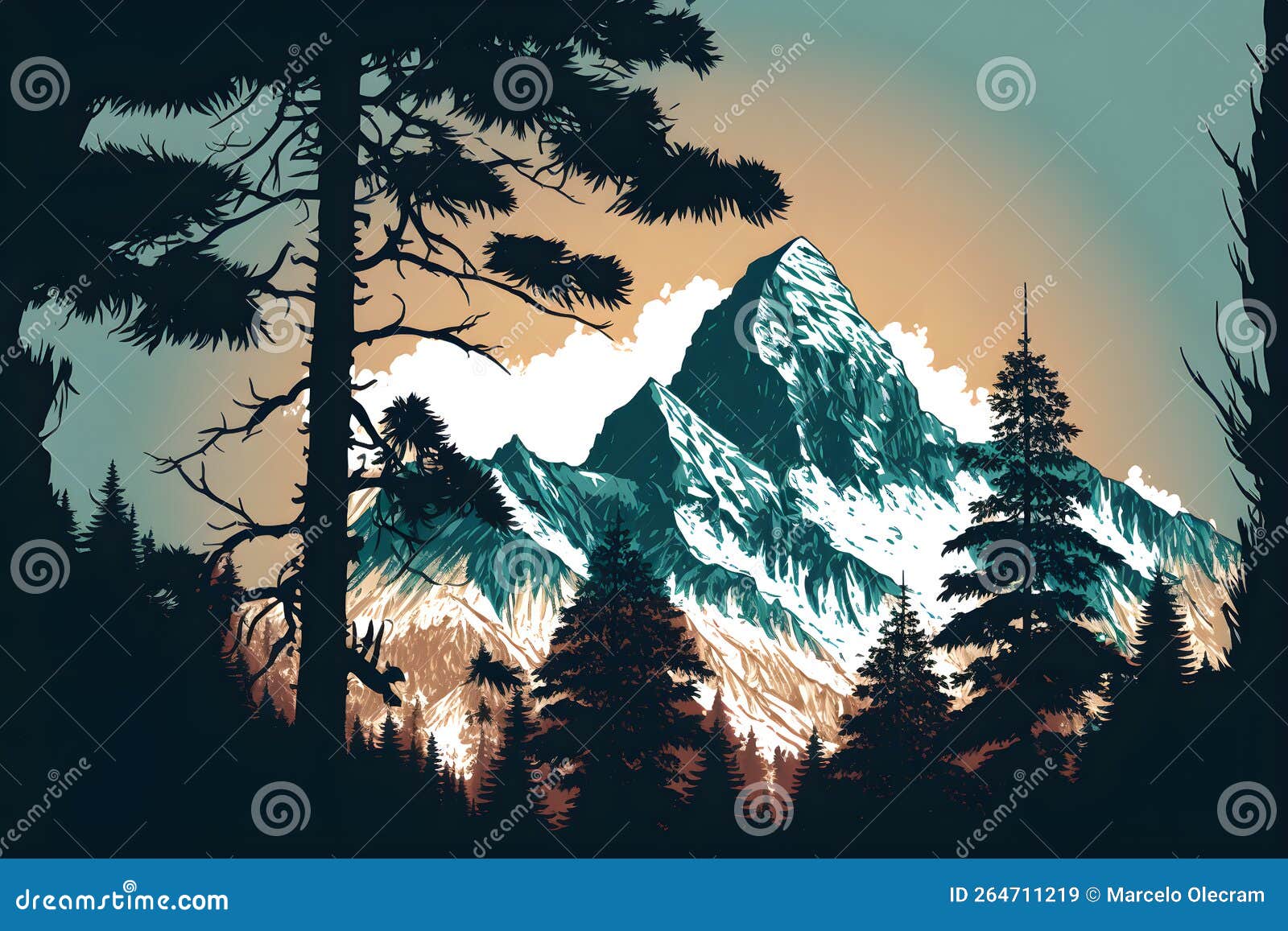 Vector Illustration of a High Mountain with Pine Trees and Greenery ...