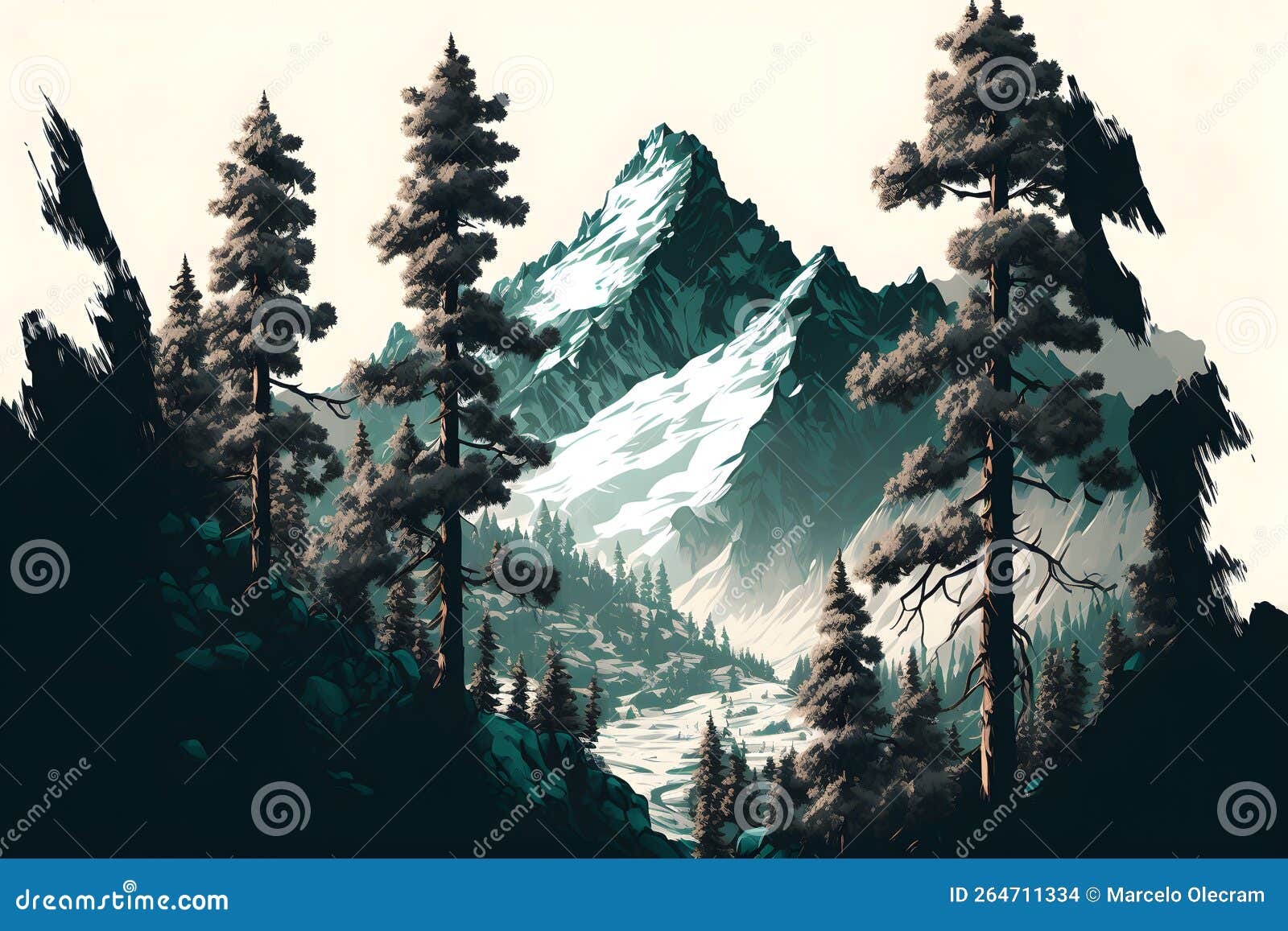 Vector Illustration Of A High Mountain With Pine Trees And Greenery ...