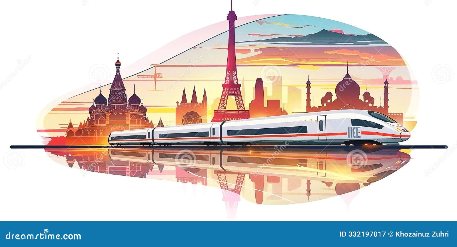 Vector Illustration of High-Speed Train with Iconic Landmarks at Sunset ...