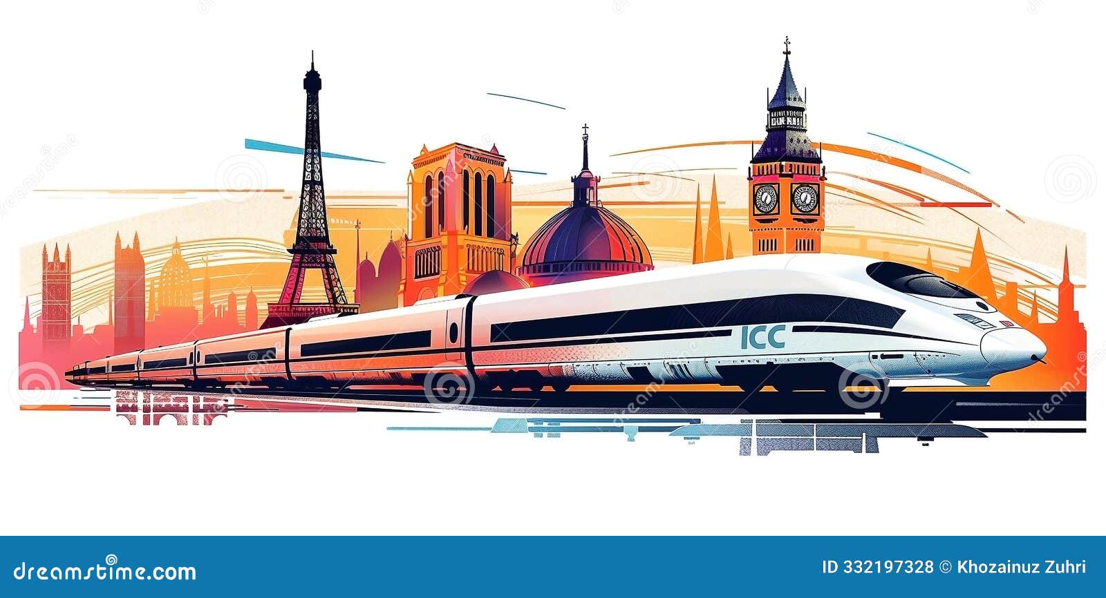 Vector Illustration of High-Speed Train with Iconic Landmarks at Sunset ...