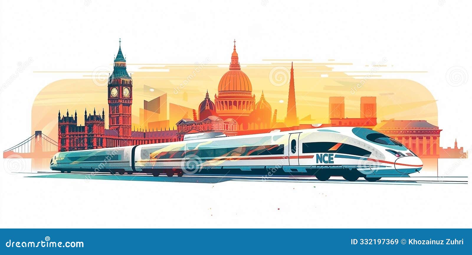 Vector Illustration of High-Speed Train with Iconic Landmarks at Sunset ...