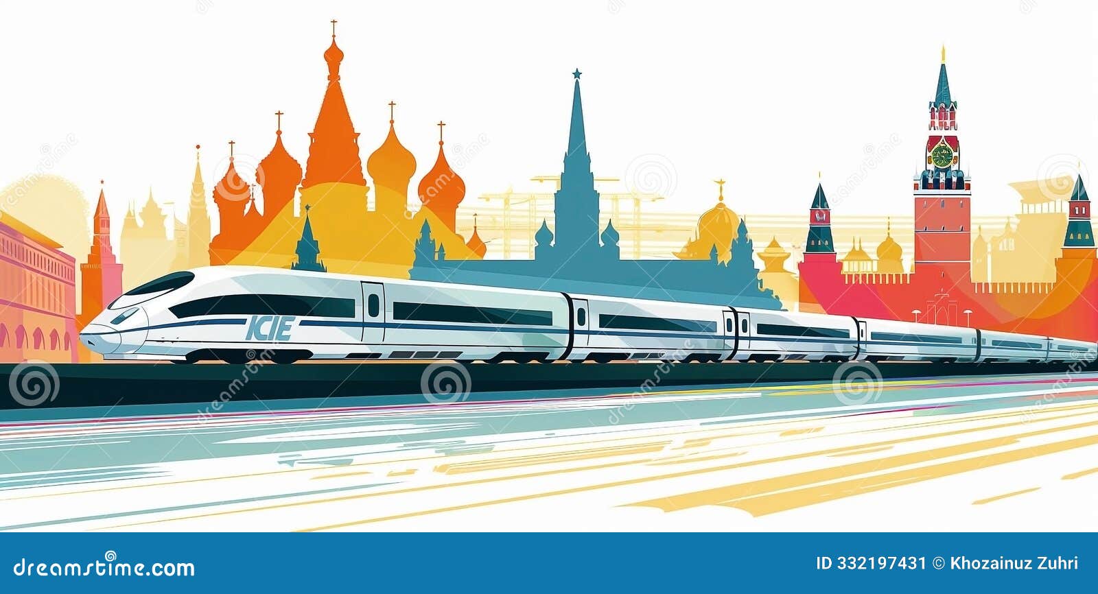 Vector Illustration of High-Speed Train with Iconic Landmarks at Sunset ...