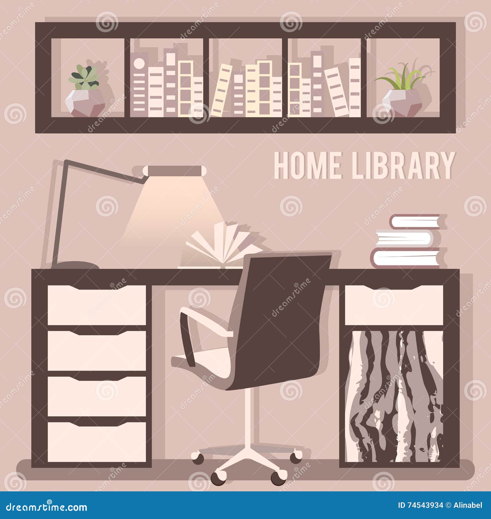 Vector Illustration of Home Library with Table, Chair, Lamp Stock ...