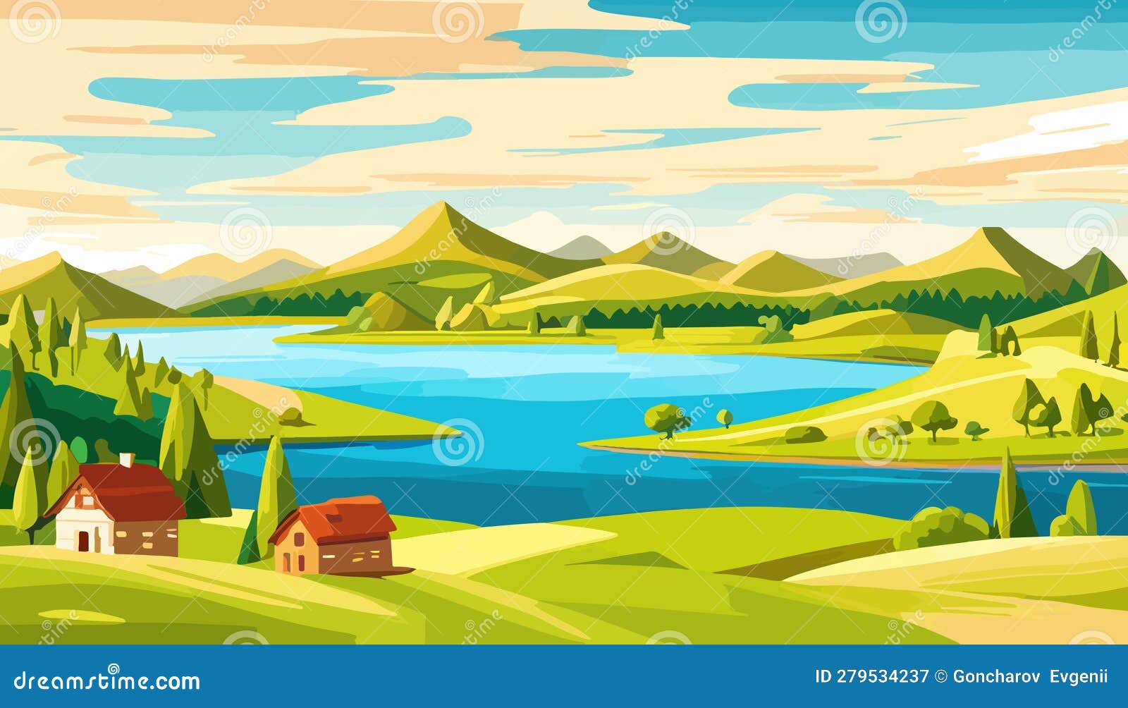 Vector Illustration of a House in a Rural Area Surrounded by Panoramic ...