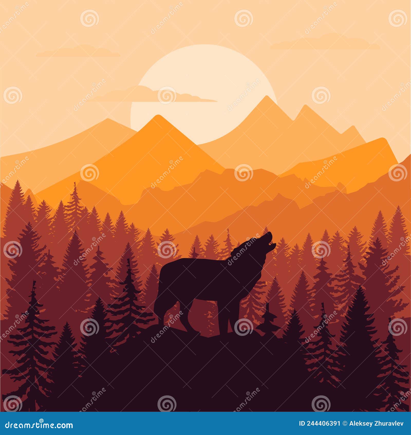 Vector Illustration of a Howling Wolf Standing on the Hill with a ...