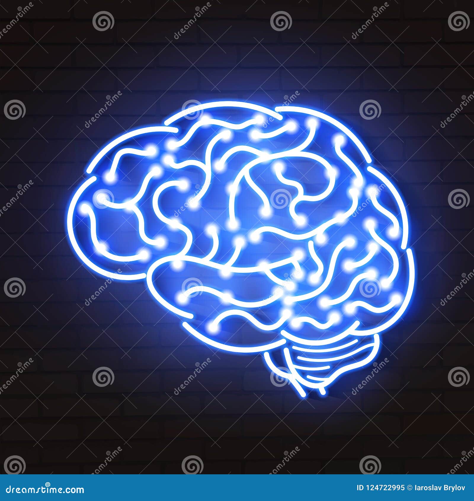 Vector Illustration of Human Brain. Neon Sign on Blue Background. Stock ...