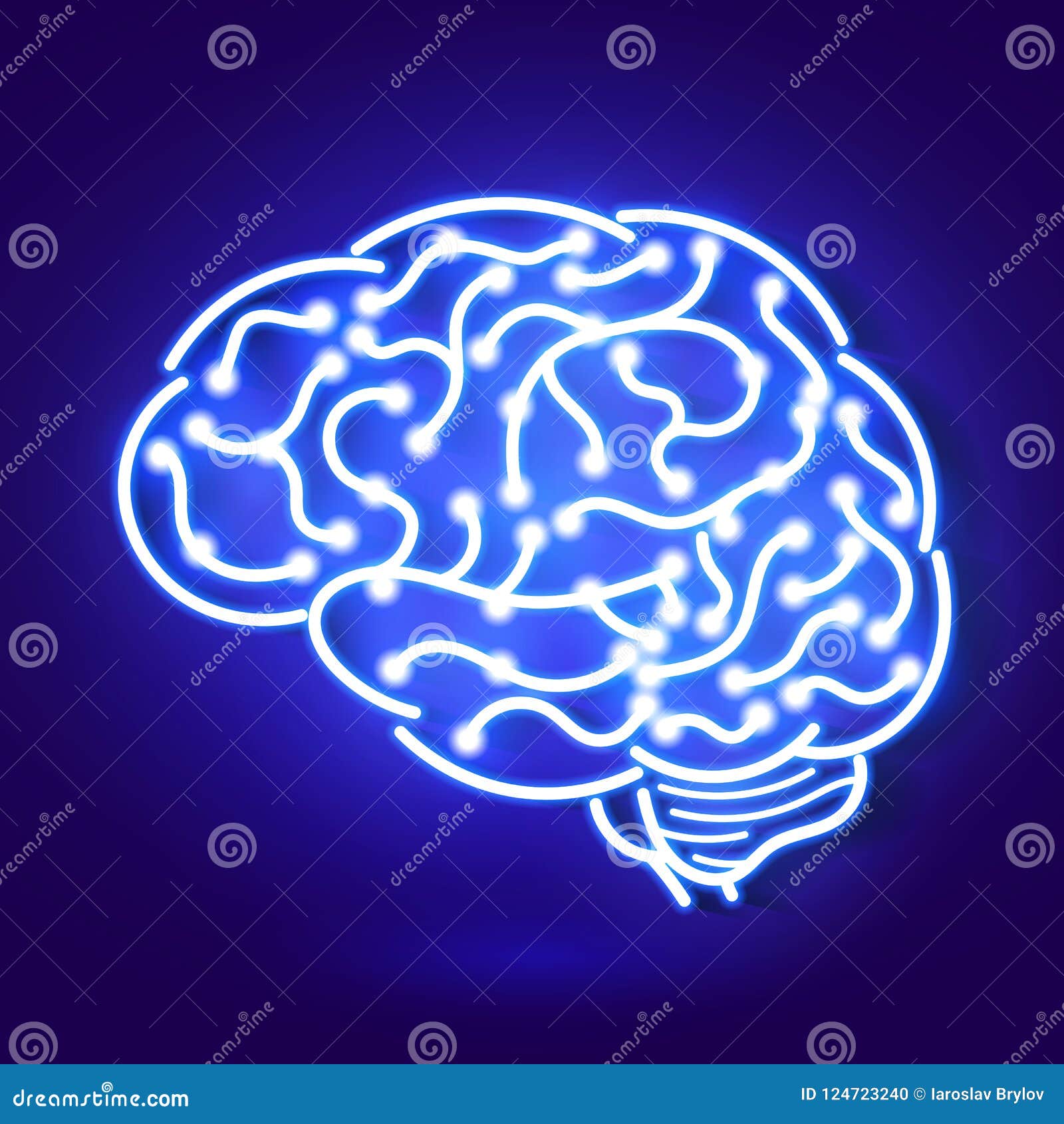 Vector Illustration Of Human Brain. Neon Sign On Blue Background ...