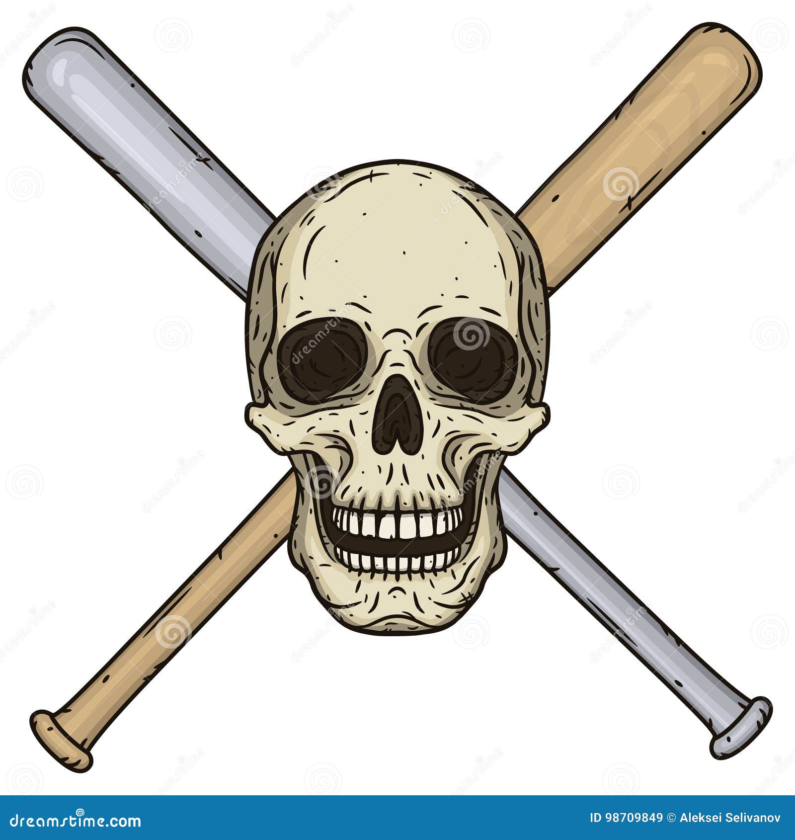 Vector Illustration of Human Skull with Crossed Baseball Bats in Hand ...