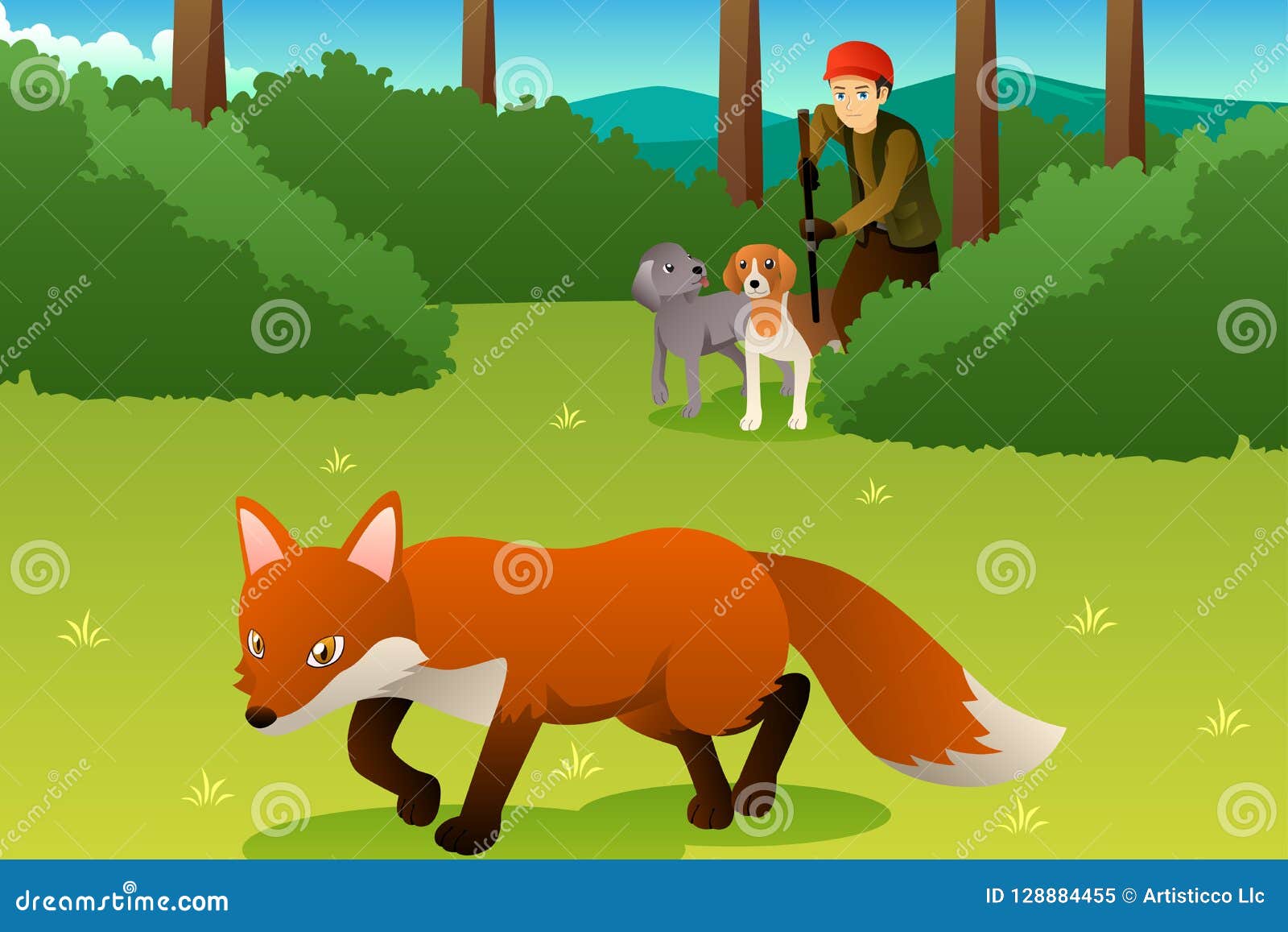Hunter with His Dogs Hunting a Fox Stock Vector - Illustration of ...