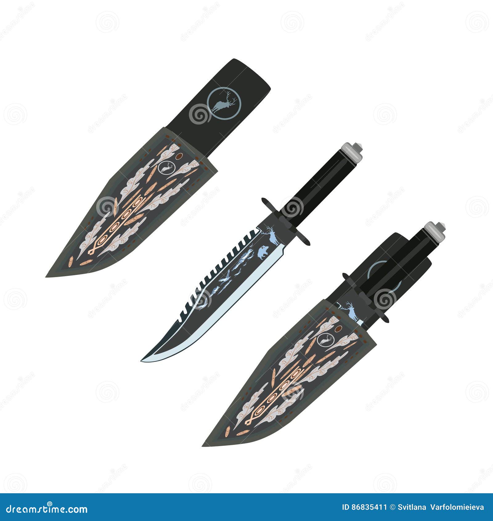 Vector Illustration of Hunting Knife and Leather Sheath, Flat Style ...