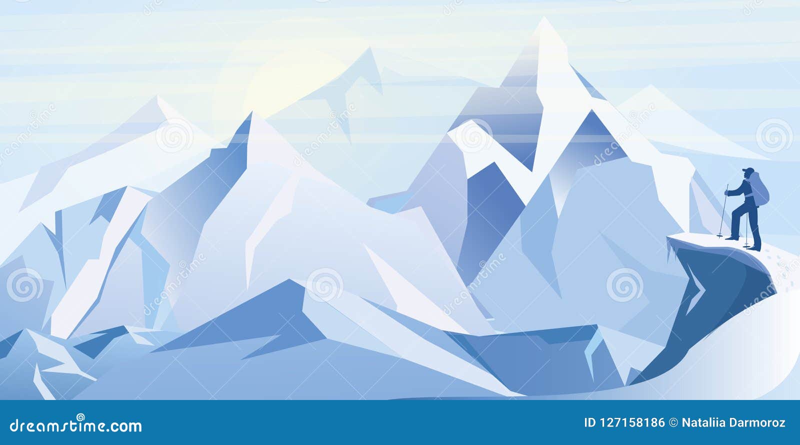 Vector Illustration of Ice Mountains with Traveller on the Top of ...