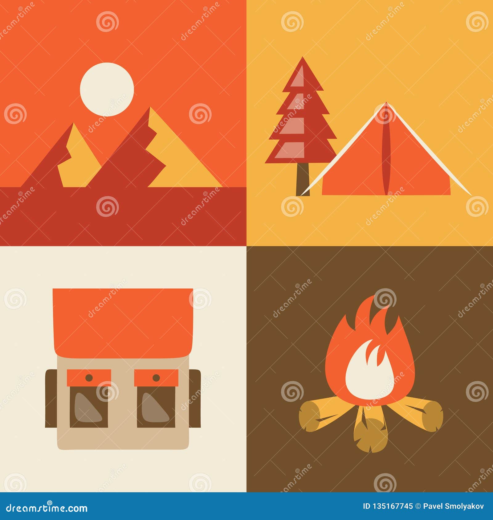Vector Illustration Icon Set of Camping: Landscape, Tent, Bag, Fire ...