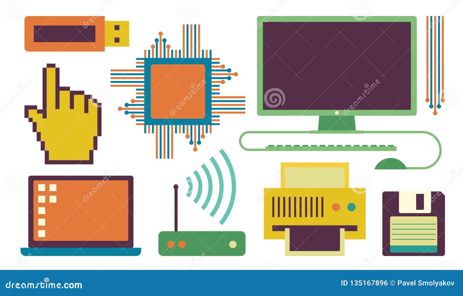 Vector Illustration Icon Set of Computer: CPU, Laptop, Hand, Router ...