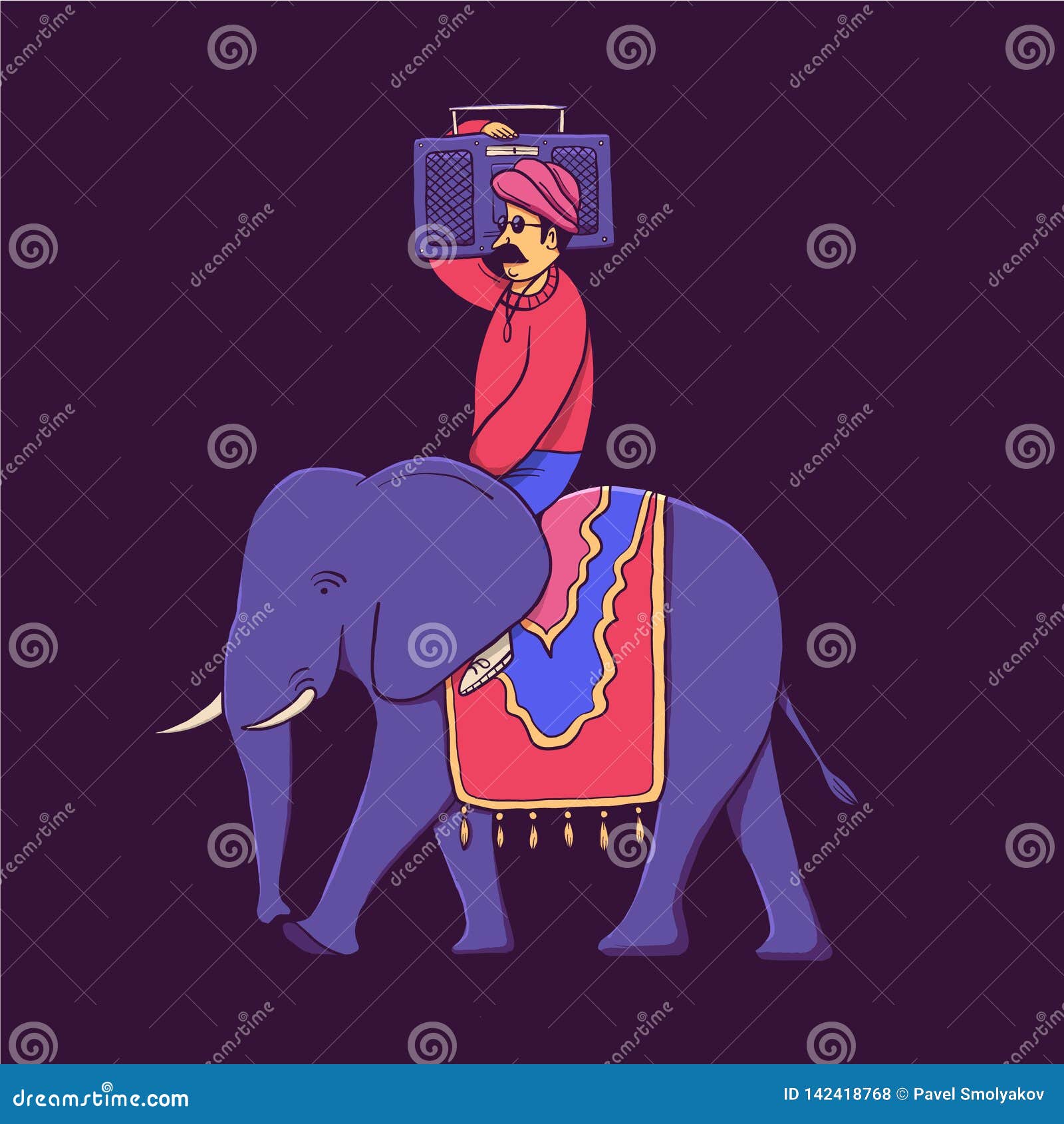 Vector Illustration, India, Man with Record Player, Elephant Driver ...