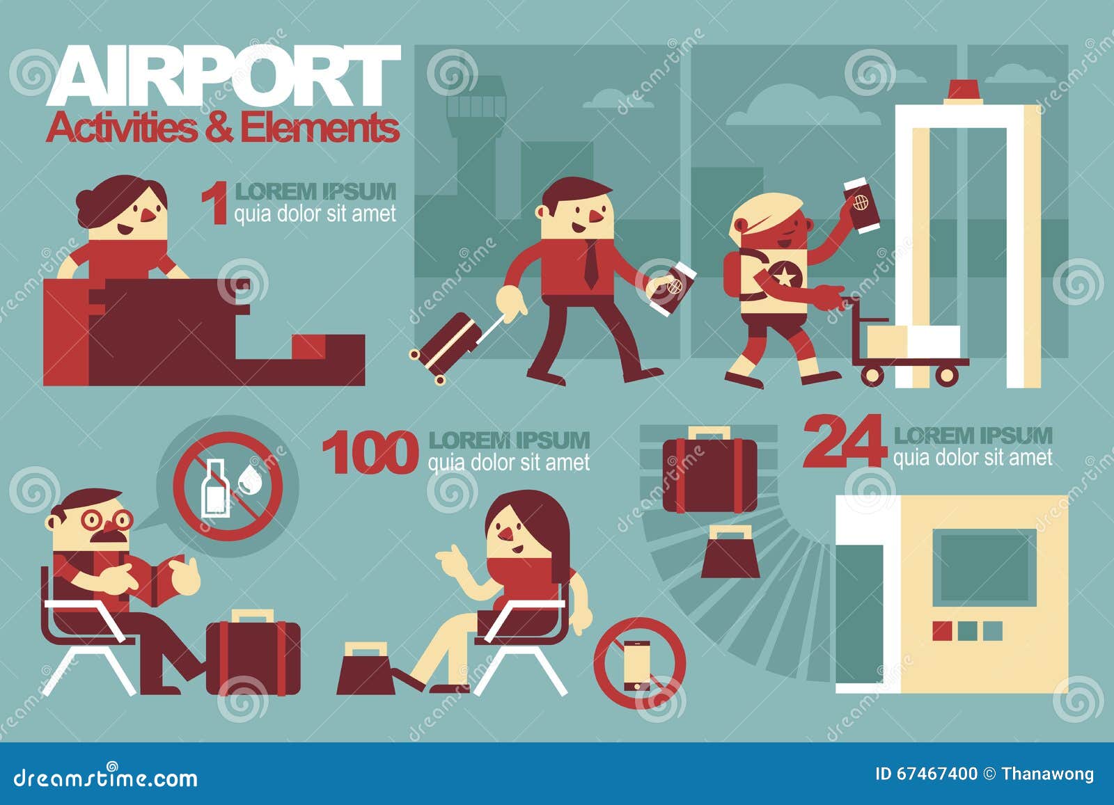 Vector Illustration Inside the Airport, Activities and Elements. Stock ...