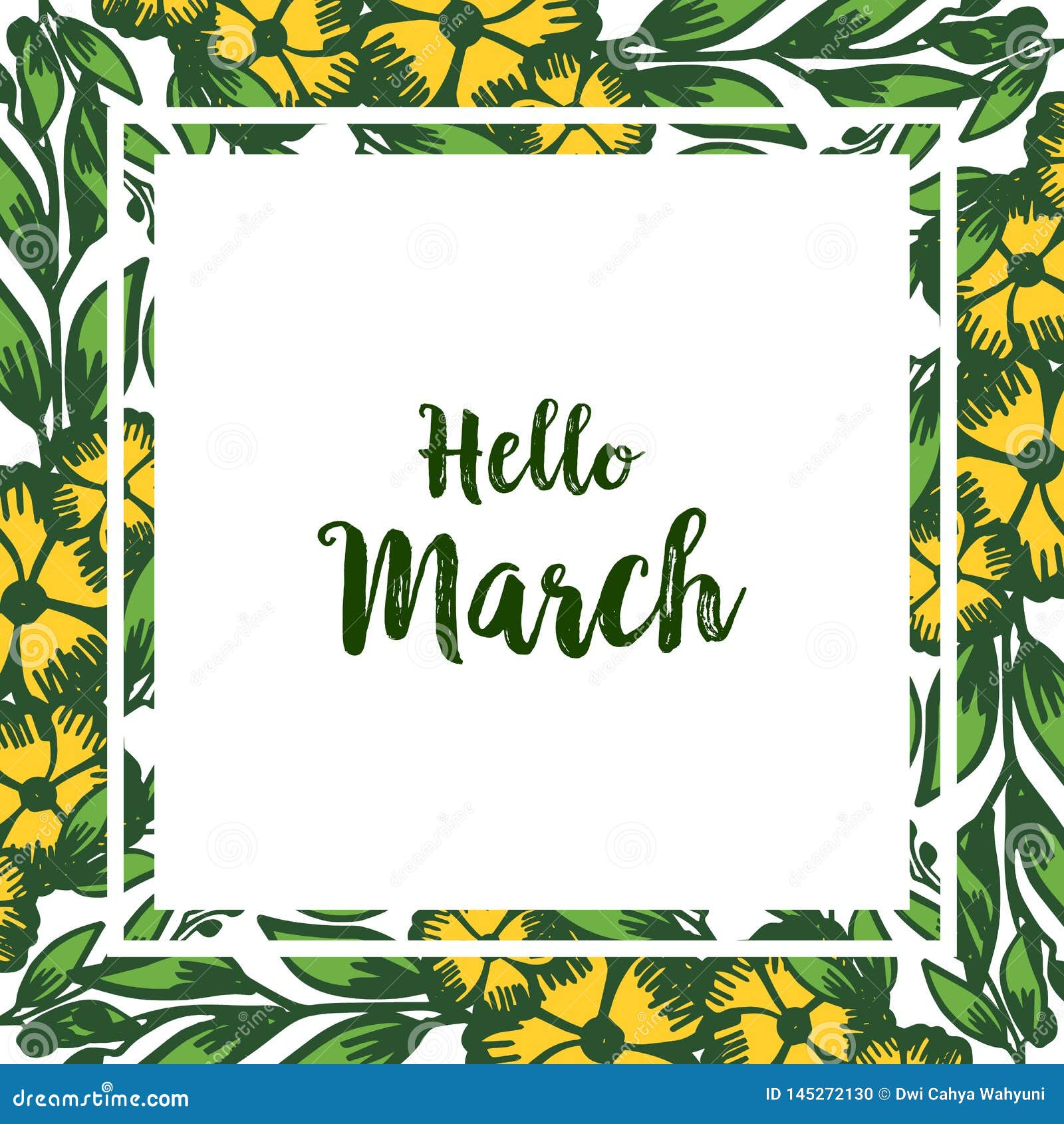 Vector Illustration Invitation Card Hello March with Flowers Frame ...