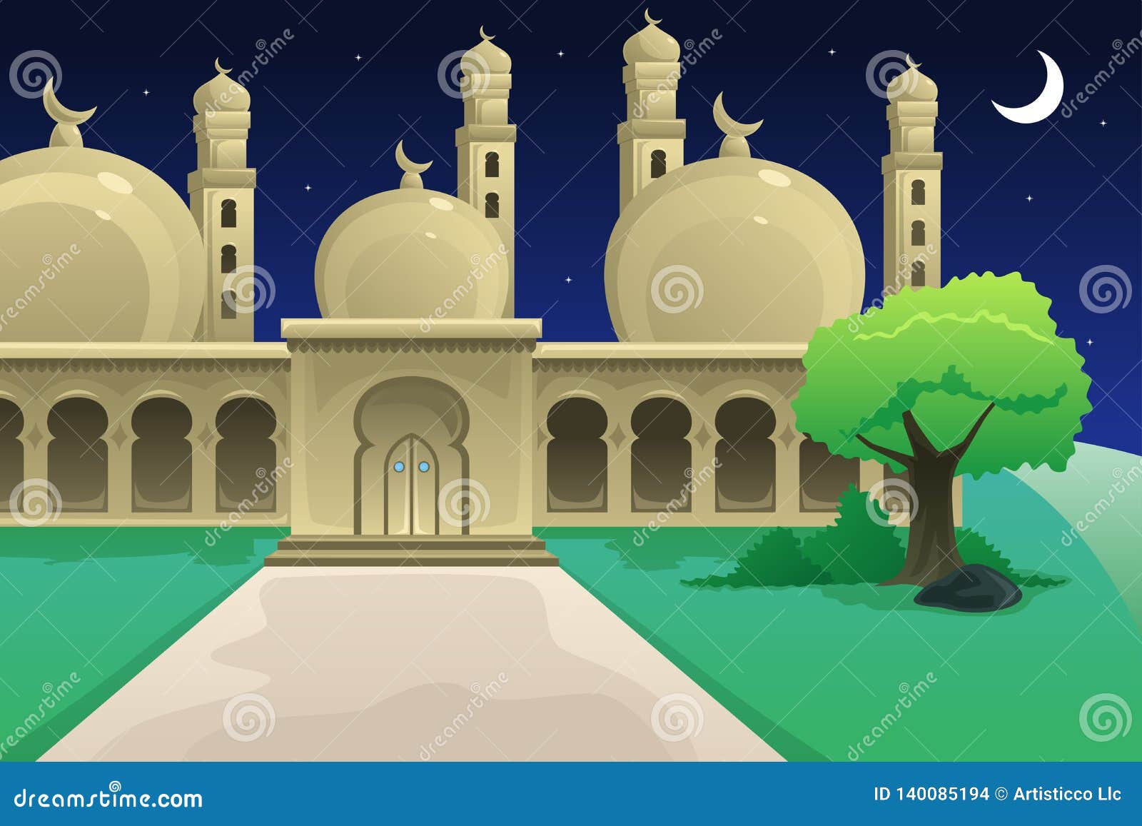 Islamic Mosque at Night Time Stock Vector - Illustration of drawing ...