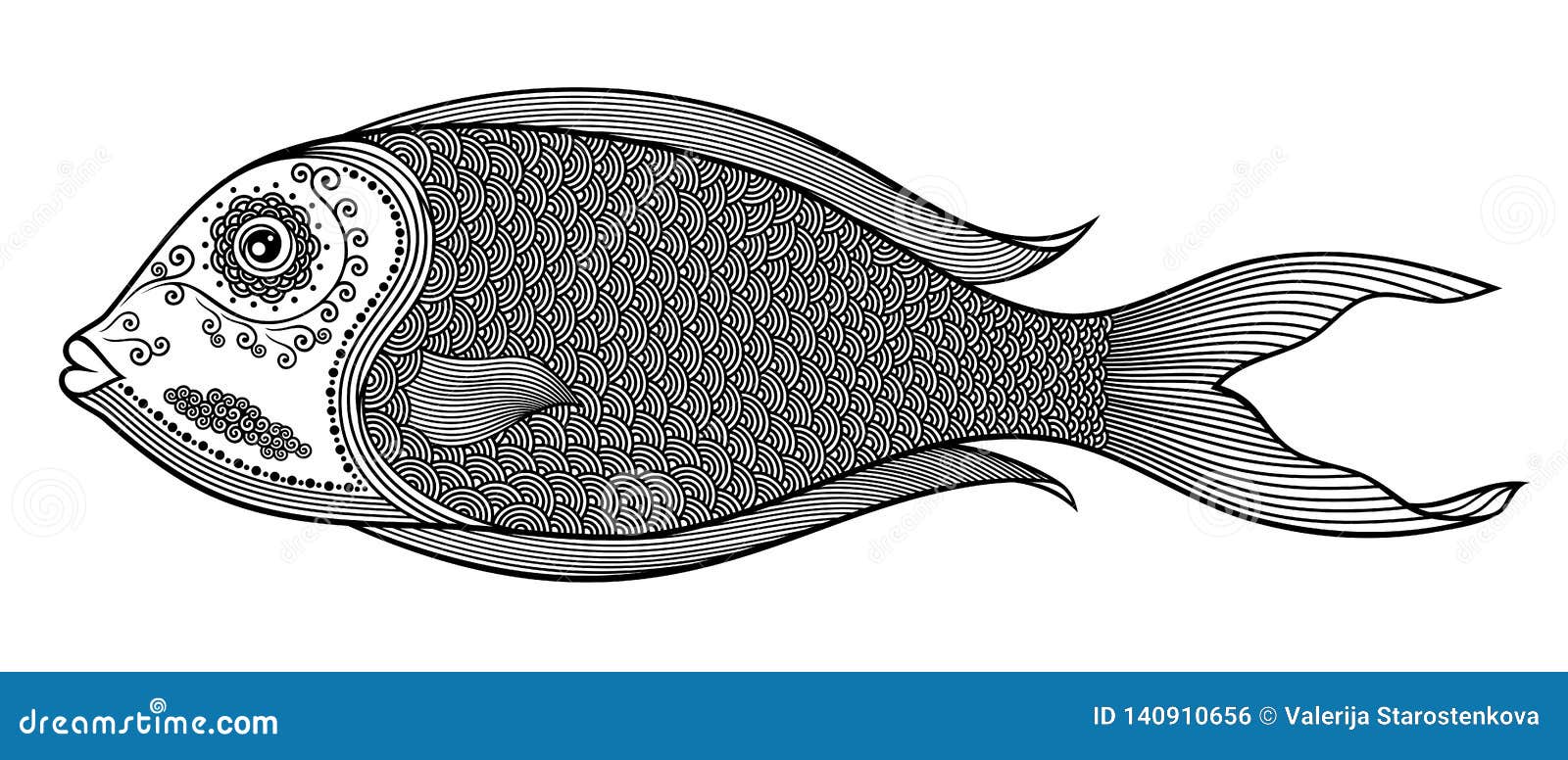 Stylized Doodle Fish With Wavy Fins Drawn By Hand In Vector Black ...