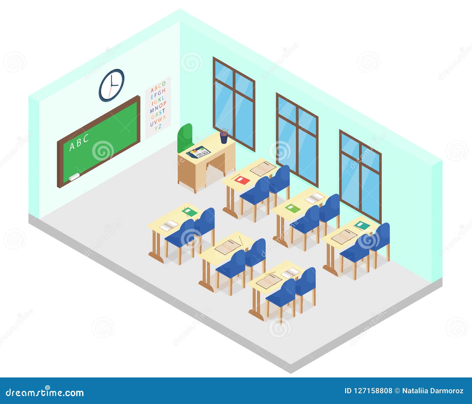 Vector Illustration of Isometric School Class Room. Includes Table ...