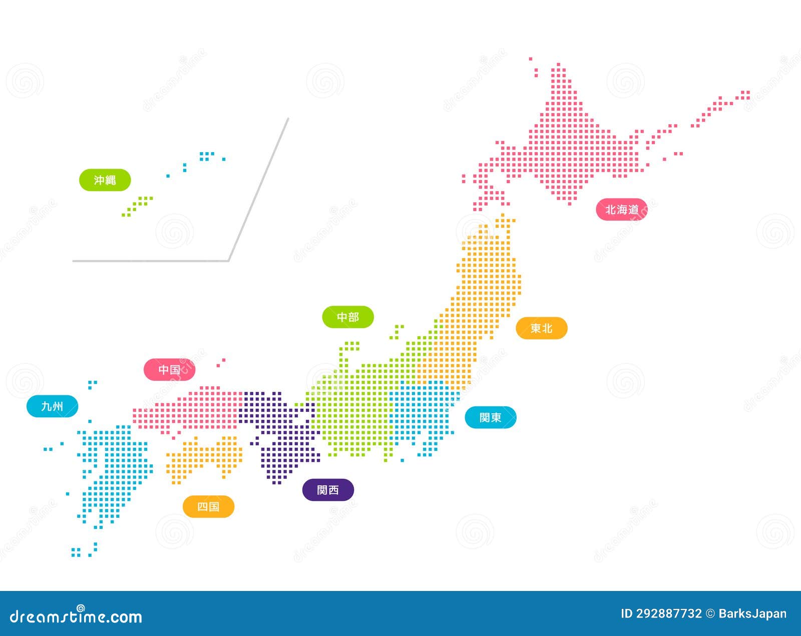 Vector Illustration of Japan Map Different Colors for Each Region Stock ...