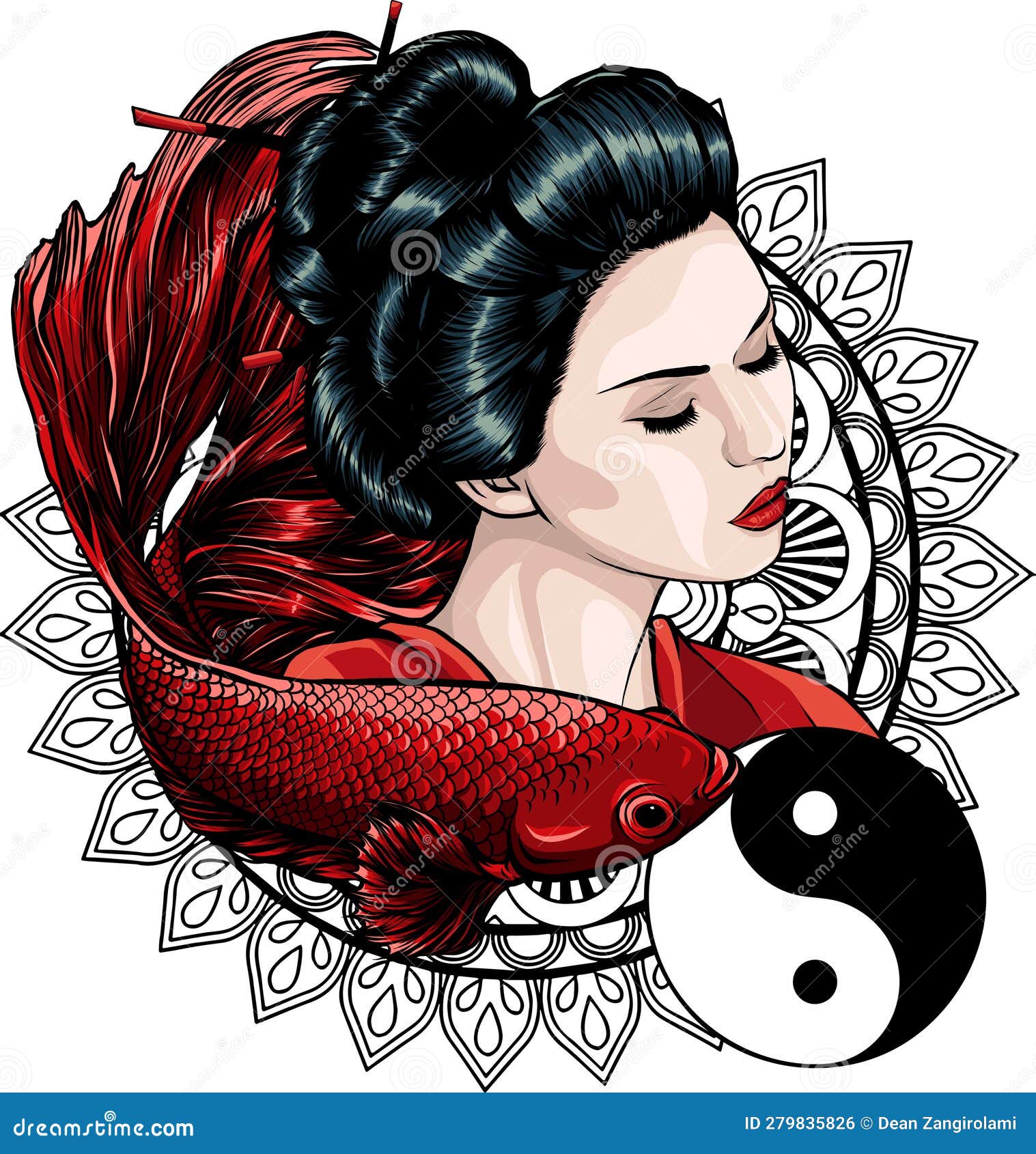 Vector Illustration of Japanese Geisha with Betta Fish Stock ...