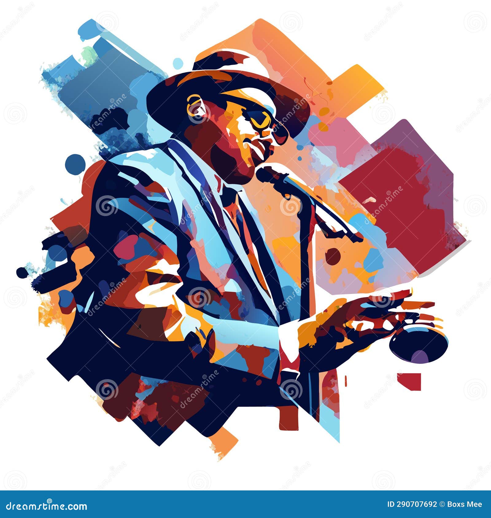 Vector Illustration of Jazz Singer in a Hat and Suit with Microphone ...