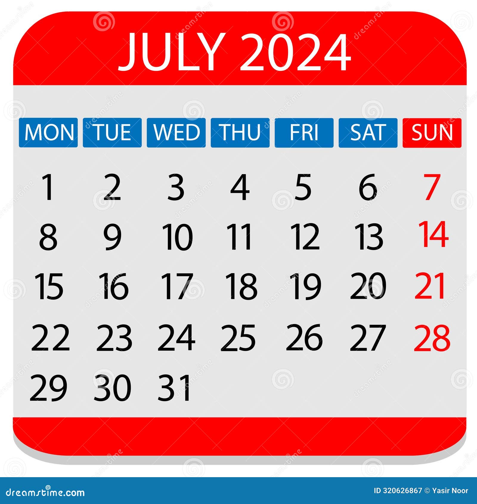 JULY 2024 - COLOURFUL CALENDAR Stock Illustration - Illustration of ...