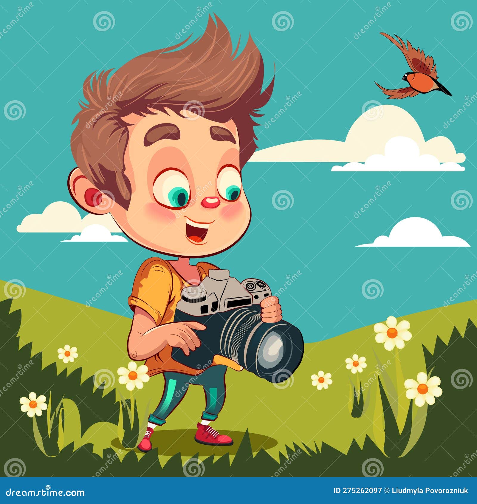 Vector Illustration of a Kid Boy Taking Pictures Using a Digital Camera ...