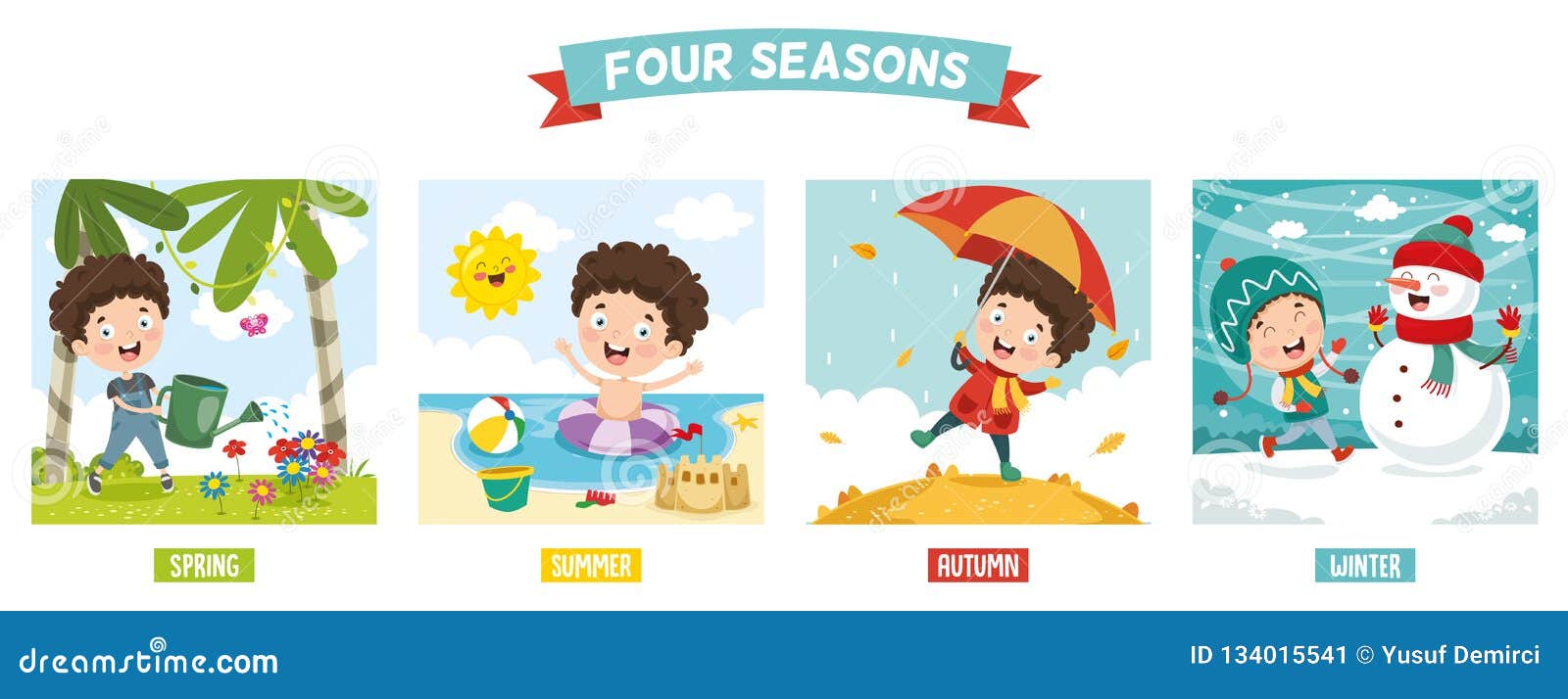 Vector Illustration Of Kid And Four Seasons | CartoonDealer.com #134015541