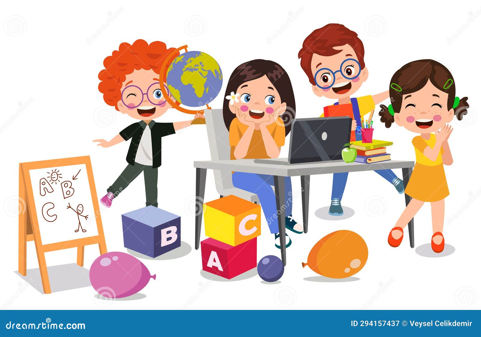 Vector Illustration of Kids with Computer and with a Friend Stock ...