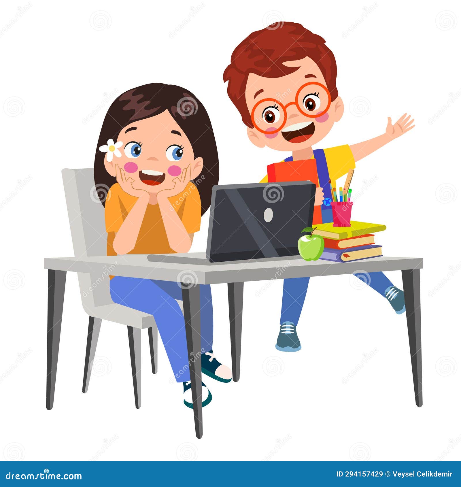 Vector Illustration of Kids with Computer Stock Illustration ...