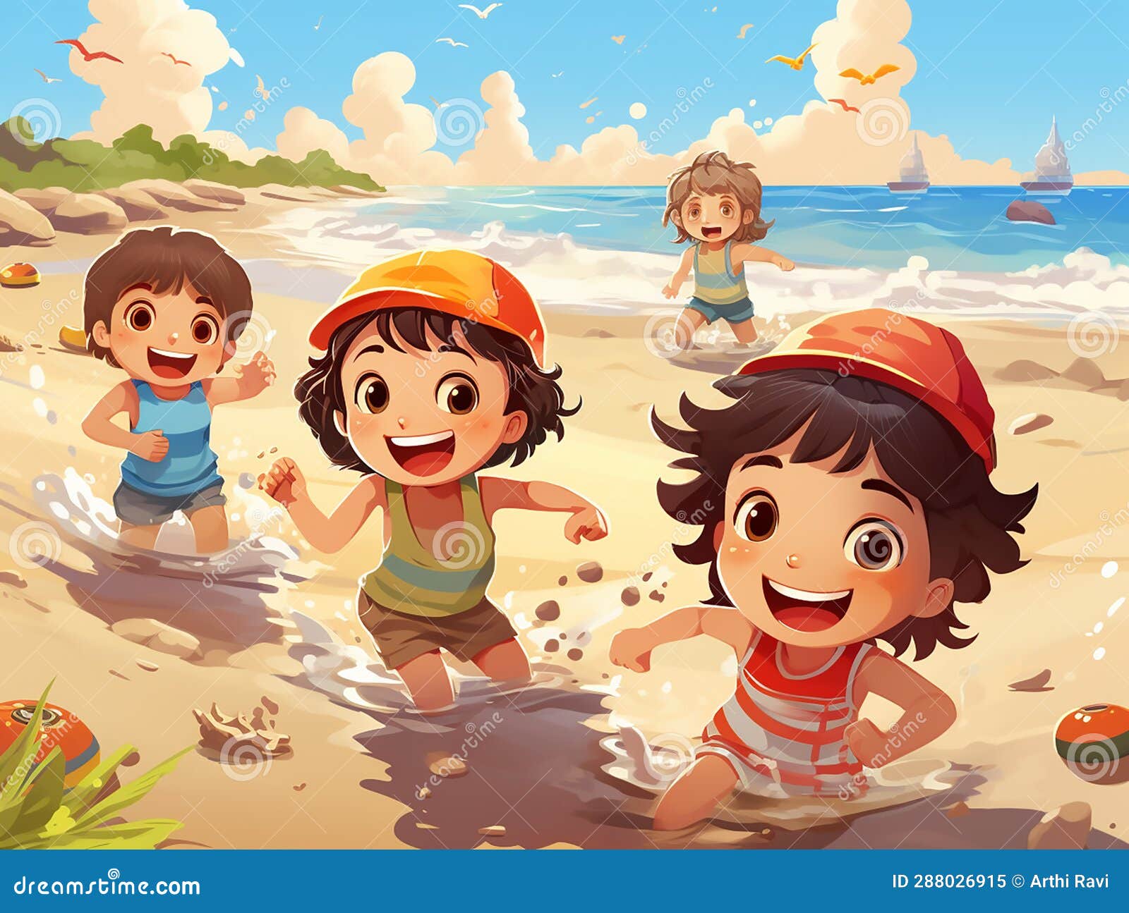 Vector Illustration Kids Having Fun on the Beach Stock Illustration ...
