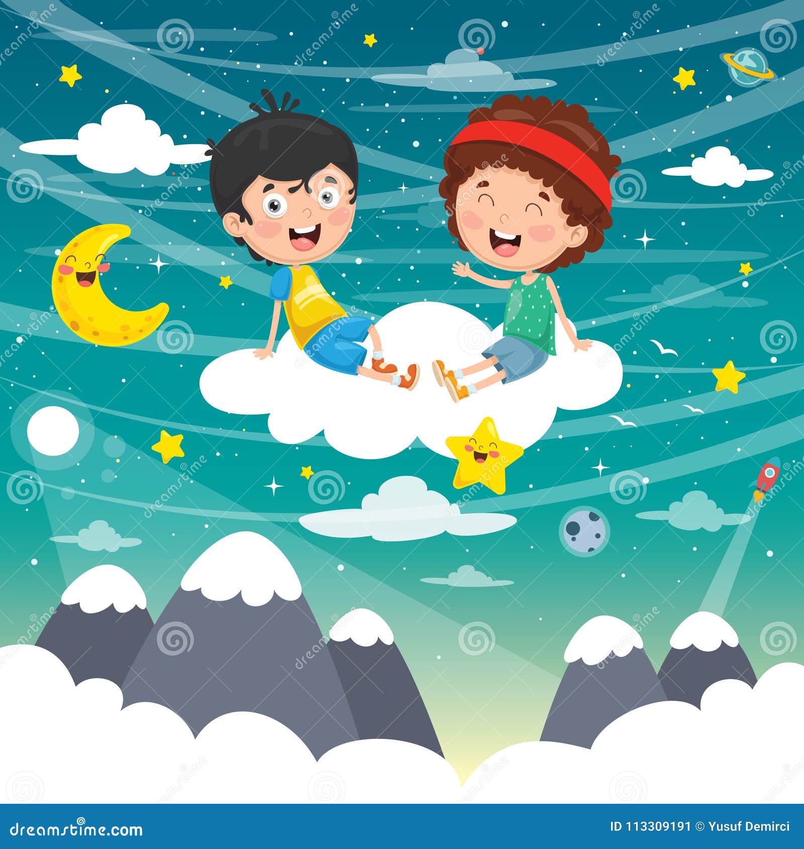 Vector Illustration of Kids Sitting on Cloud Stock Vector ...