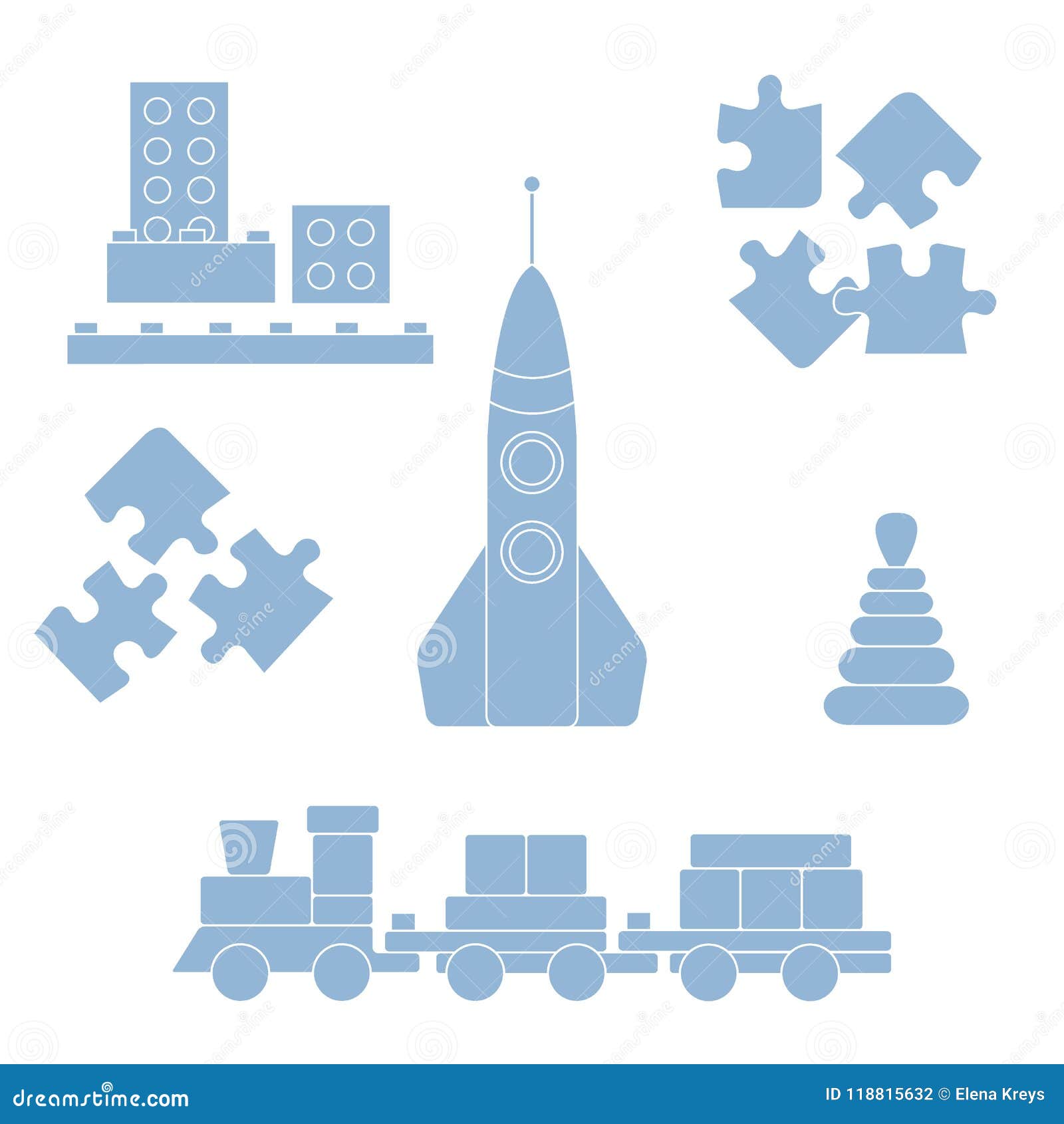 Vector Illustration Kids Toys Objects: Train, Puzzle, Rocket, Py Stock ...