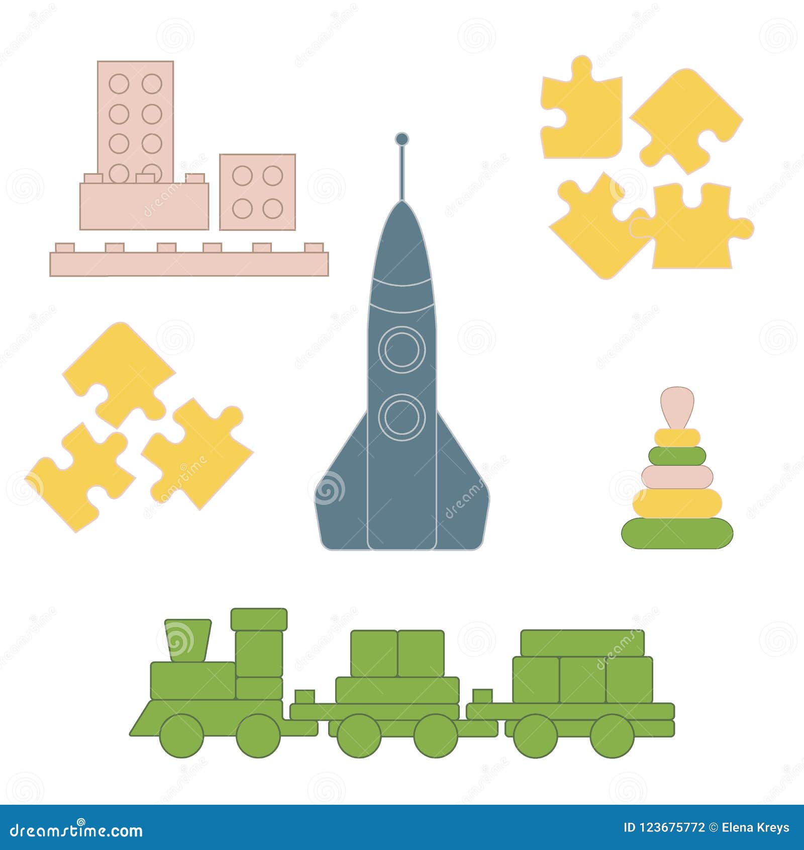 Vector Illustration Kids Toys Objects: Train, Puzzle, Rocket, Pyramid ...