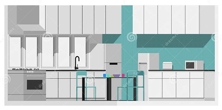 Kitchen Elevation by 45 Degree Flat View Stock Vector - Illustration of ...
