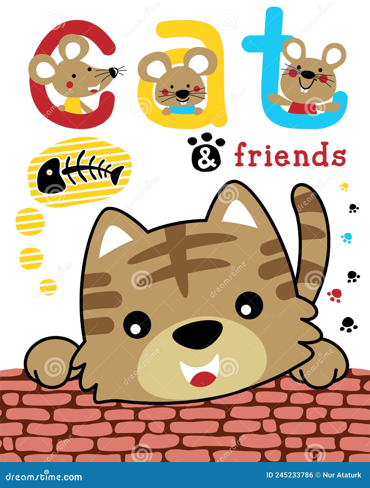 Funny Kitten Cartoon with Three Mice Stock Vector - Illustration of ...