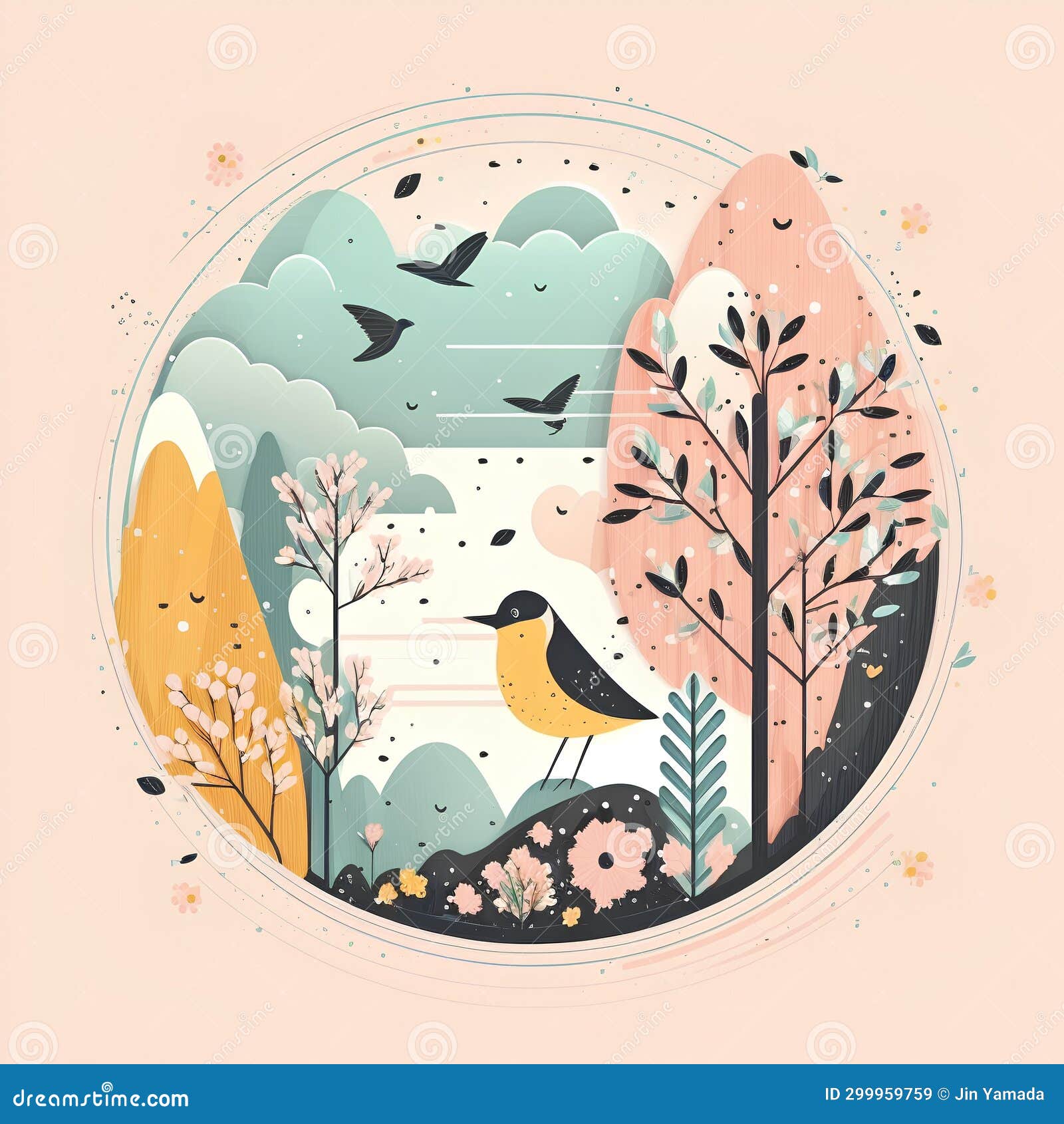 Vector Illustration of a Landscape with a Bird in a Round Frame. Stock ...
